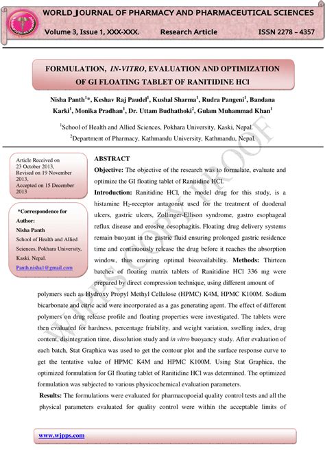 Pdf Formulation In Vitro Evaluation And Optimization Of Gi Floating Tablet Of Ranitidine Hcl