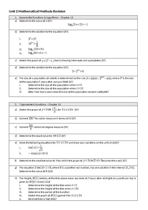 Unit 2 Mathematical Methods Revision Unit 2 Mathematical Methods