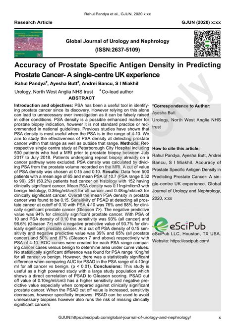 Pdf Accuracy Of Prostate Specific Antigen Density In Predicting Prostate Cancer A Single