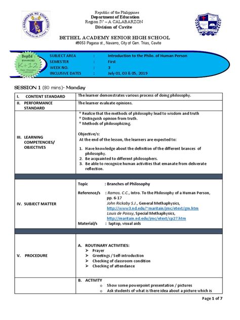 Lesson Plan Iphp Week 2 Branches Of Philo Download Free Pdf