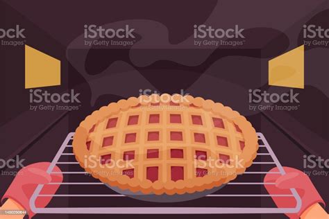 내화성 장갑을 끼고 증기로 달콤한 파이를 당기는 손 오븐 요리사가 케이크를 만드는 후식 파이에 대한 스톡 벡터 아트 및 기타 이미지 후식 파이 오븐 쥠 Istock