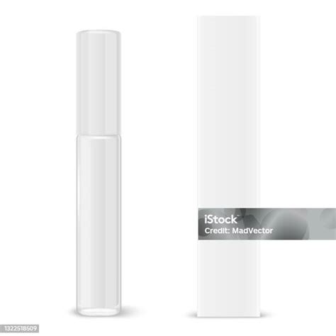 벡터 3d 현실적인 폐쇄 화이트 립 글로스 립스틱 패키지 흰색에 고립 된 판지 포장 세트 유리 용기 튜브 뚜껑 브러시 플라스틱 투명 병 디자인 템플릿 모형 전면 보기 0명에