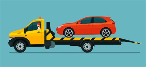 드라이버와 견인 트럭은 해치백 자동차를 운반한다 벡터 플랫 스타일 그림입니다 견인차에 대한 스톡 벡터 아트 및 기타 이미지 견인차 세미 트럭 차 Istock