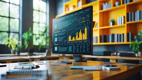 Modern Office Workspace Featuring A Computer Monitor With Data Analytics In A Bright Environment