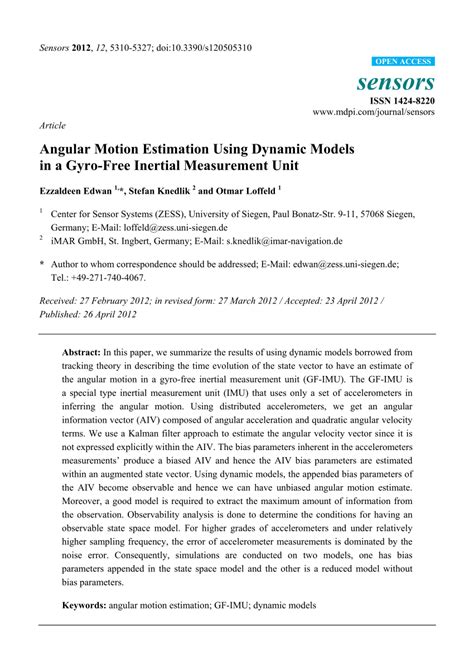 Pdf Angular Motion Estimation Using Dynamic Models In A Gyro Free