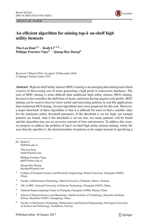 Pdf An Efficient Algorithm For Mining Top K On Shelf High Utility