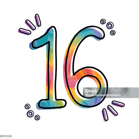 흰색 배경에 펑키 레인보우 그라데이션 디자인의 번호 16 인쇄 주요 색상은 핑크 오렌지 옐로우 그린 블루 퍼플입니다 이미지가 디지털로 생성되었습니다 소년 여자 친구 가족을