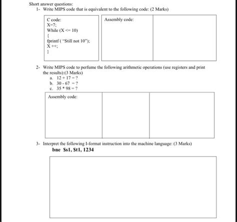 solved short answer questions 1 write mips code that is