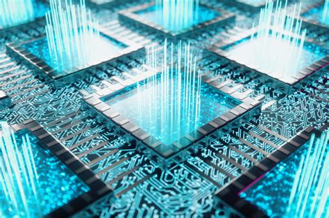 Ai인공 지능 개념입니다 기계 학습 빛나는 트랙이 있는 회로 기판의 중앙 컴퓨터 프로세서 인코딩된 데이터입니다 회로 배경 3d 그림을 통해 컴퓨터 칩 3차원 형태에 대한