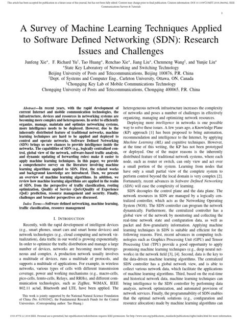 A Survey Of Machine Learning Techniques Applied To Software Defined