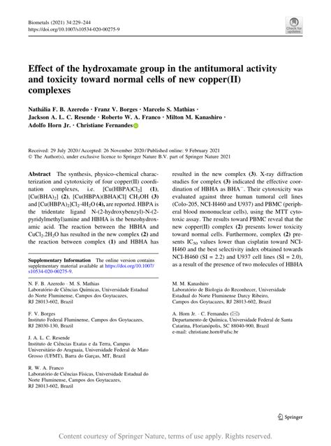 Effect Of The Hydroxamate Group In The Antitumoral Activity And