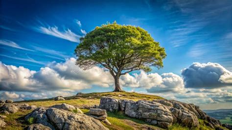 A Single Large Tree Stands On A Rocky Hilltop Ai Generated Content