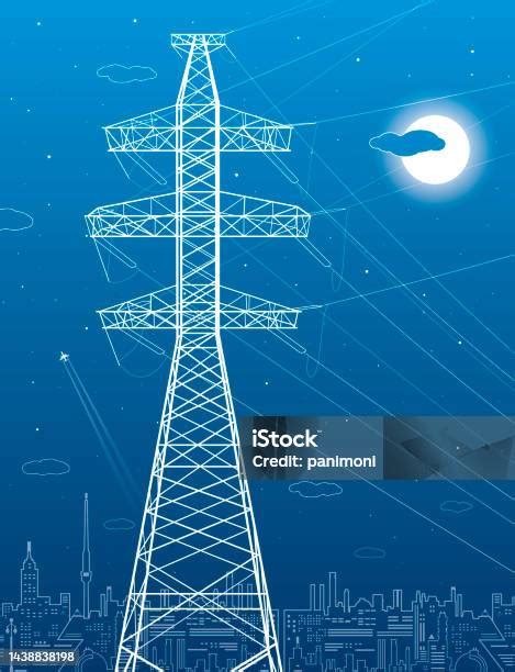 고전압 전송 시스템 전기 극 전력선 상호 연결된 전기의 네트워크 파란색 배경에 흰색 Otlines 벡터 디자인 일러스트 레이 션