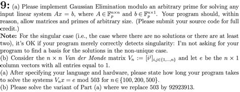 Solved 9 A Please Implement Gaussian Elimination Modulo