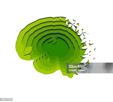 흰색 배경에 나뭇잎이 있는 종이에서 잘라낸 에코 인간의 뇌를 겹쳐서 종이 컷 종이 접기 지속 가능한 사고 벡터 3d 일러스트레이션 3차원 형태에 대한 스톡 벡터 아트 및