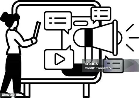 여자가 마이크와 스피커가 있는 대형 스크린 앞에 서 있습니다 개념에 대한 스톡 벡터 아트 및 기타 이미지 개념 개념과 주제 기자 회견 Istock