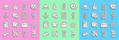 세트 라인 방해하지 마십시오 불가사리 열기구 자외선 차단제 스프레이 병 비행 비행기가있는 지구본 앵커 호텔 서비스 벨 및 여권 아이콘 벡터 가방에 대한 스톡 벡터 아트 및