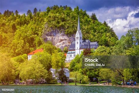 슬로베니아의 블 레드 호수 언덕에 세인트 마틴의 교구 교회의 그림 블 레드 호수 기슭의 세인트 마틴 교회 슬로베니아 0명에 대한 스톡 사진 및 기타 이미지 Istock