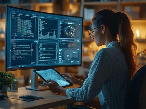 Female Data Scientist Analyzing Code On Multiple Screens In Modern