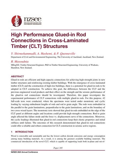 Pdf Nzsee 2023 Annual Conference High Performance Glued In Rod Connections In Cross Laminated