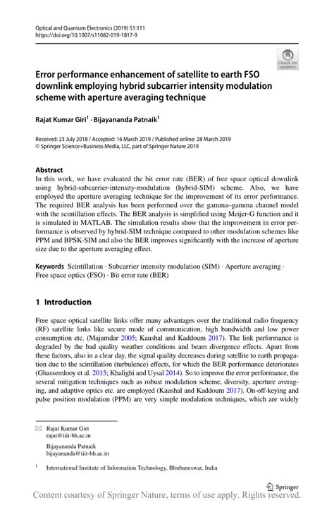Error Performance Enhancement Of Satellite To Earth Fso Downlink Employing Hybrid Subcarrier
