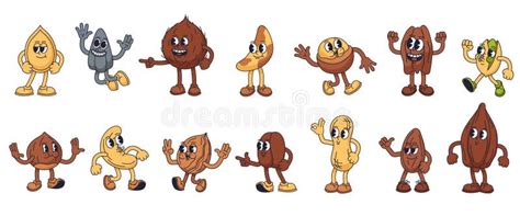 Retro Nut Mascot Groovy Nuts Happy Beans And Seeds Characters In