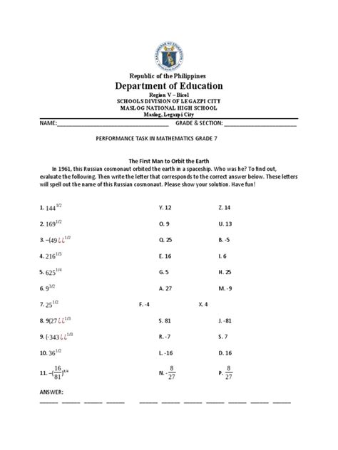 Grade 7 Math Performance Task Cosmonaut Pdf Mathematics Science