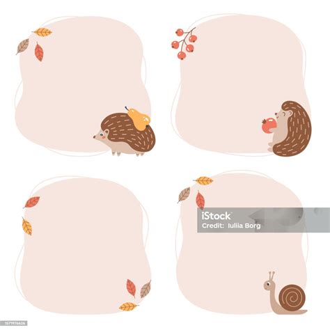 귀여운 고슴도치 달팽이 배 나뭇잎이 있는 아이들을 위한 프레임 템플릿으로 설정합니다 가을 숲 또는 삼림 테마 베이비 샤워 학교 또는 생일 파티 및 초대장에 적합합니다 가을에