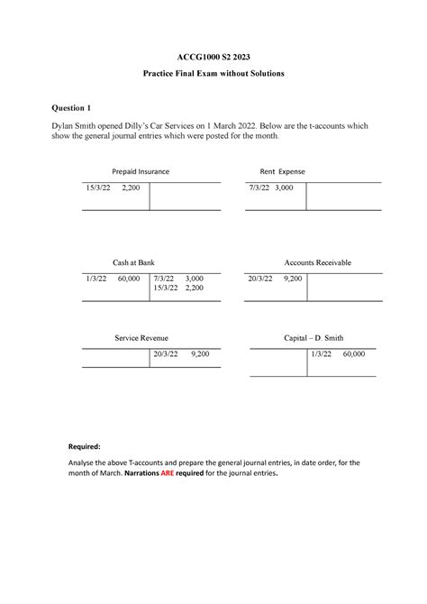 Practice Exam S2 2023 V2 Accg1000 S2 2023 Practice Final Exam Without Solutions Question 1