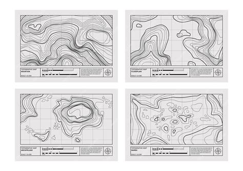 Mapa De Contorno De Relieve De Paisaje Geográfico Conjunto De Carteles