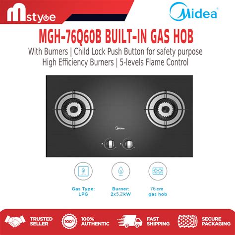 Midea MGH-76Q60B Built-in Gas Hob with 5.2kW Burners (MGH76Q60B), High ...