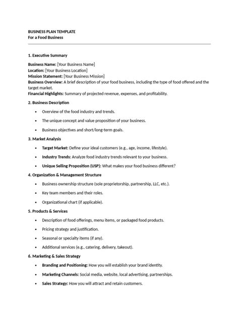 Food Business Plan Template Guide Pdf