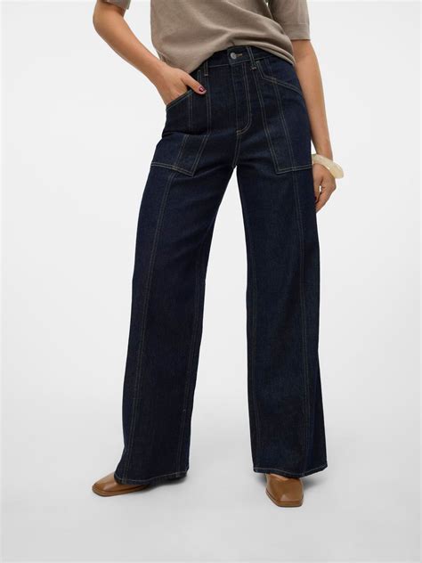 Buy Vero Moda Blue Wide Leg Dark Denim Jeans With Stitch Detail Pockets