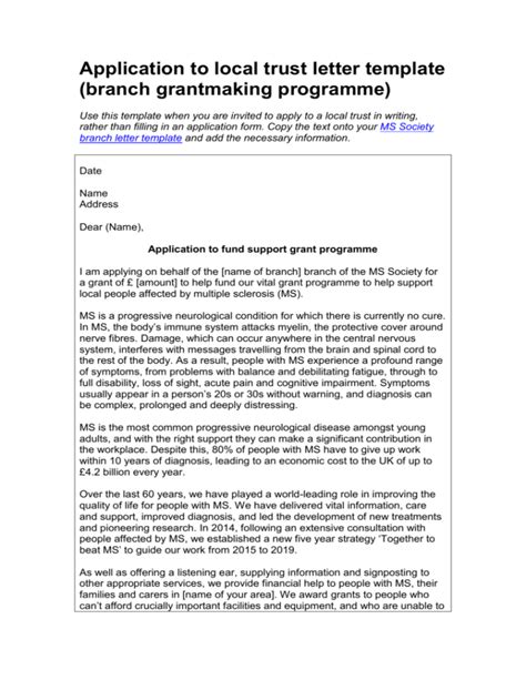 Ms Society Grant Application Letter Template