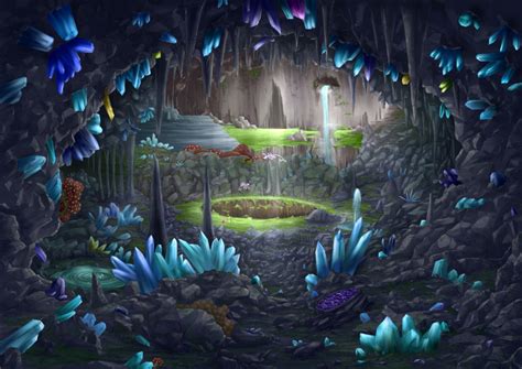 Mushroom Original Cave Crystal Anime 1080p Waterfall Hd Wallpaper