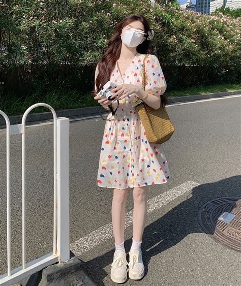 러블리 하트 원피스 V 브이 넥 벌룬 퍼프 소매 반팔 소매 봄 여름 단추 여밈 버튼 하트 무늬 컬러 도트 땡땡이 A 라인 플레어 하이 웨스트 A 라인 치마 스커트 드레스