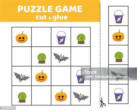 호박 사탕 통 마술 공 박쥐를 가진 아이들을 위한 할로윈 퍼즐 게임 퍼즐 게임 자르고 붙입니다 만화 0명에 대한 스톡 벡터 아트 및 기타 이미지 Istock