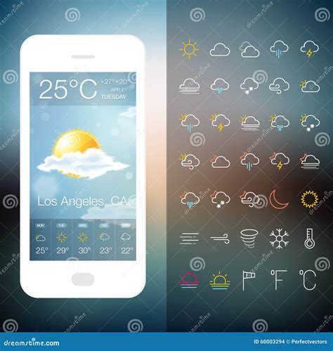 Mobile Weather Application Screen With Icon Set Stock Vector Illustration Of Rain Mobile