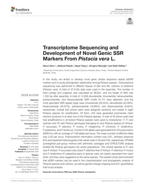 Pdf Transcriptome Sequencing And Development Of Novel Genic Ssr Markers From Pistacia Vera L