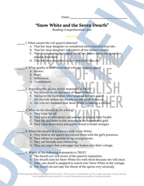 Snow White And The Seven Dwarfs Quiz Close Reading Worksheet And