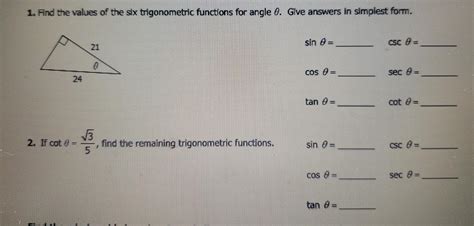 1 Find The Values Of The Six Trigonometric Functions For Angle Give