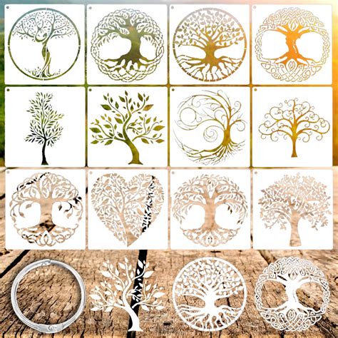 12 Pieces Tree Stencils For Crafts Reusable Tree Of Life Stencils For Painting Natural Plants