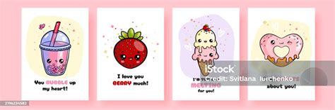 손으로 그린 하트 모양의 도넛 버블 티 딸기 카와이 스타일의 아이스크림 캐릭터와 재미있는 비문이 있는 귀여운 카드 세트 발렌타인 데이 축하 인쇄 포스터에 대 한 벡터 템플릿