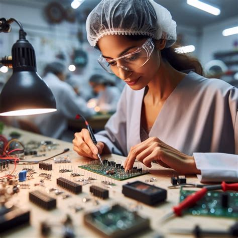 South Asian Woman Assembling Tiny Circuit Board In Workshop Ai Art Generator Easy Peasyai