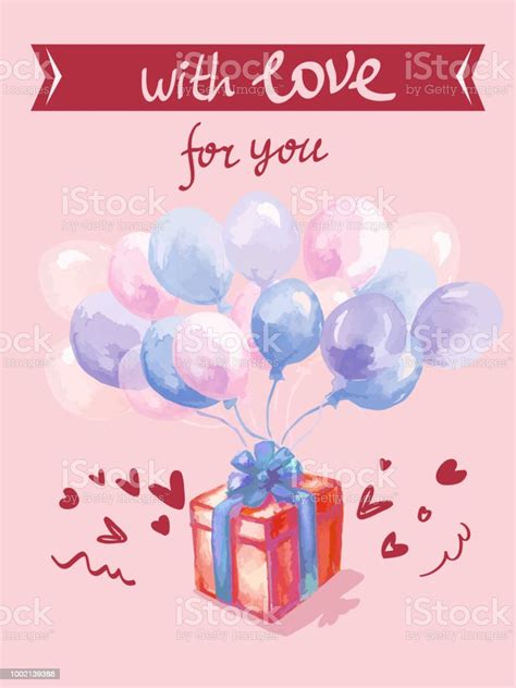 타이 포 그래피 디자인 인사말 카드 및 포스터에 대 한 생일 축 하에 대 한 풍선 하트 및 선물 상자 디자인 서식 파일 공휴일에 대한 스톡 벡터 아트 및 기타 이미지