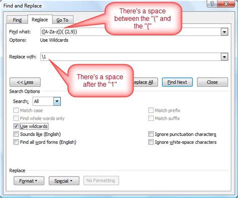 find and replace multiple spaces in word
