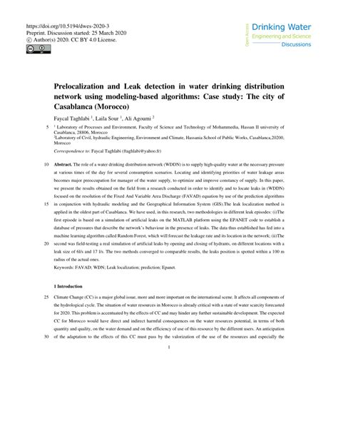 Pdf Prelocalization And Leak Detection In Water Drinking Distribution Network Using Modeling