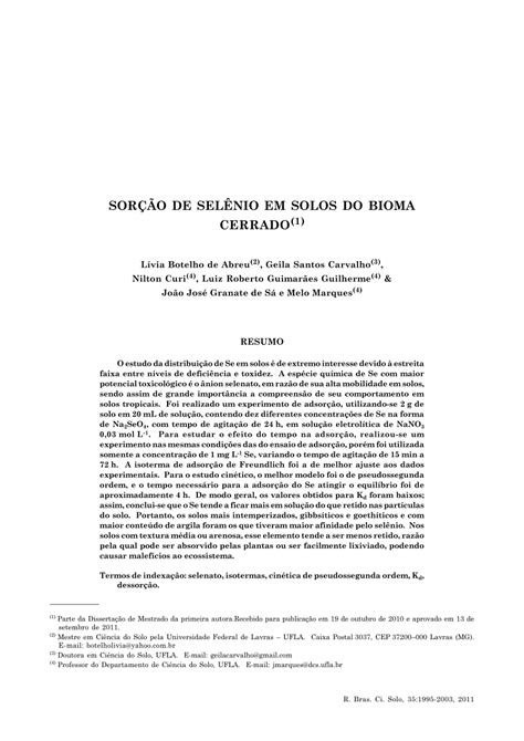 Pdf Selenium Sorption In Soils Of The Cerrado Biome
