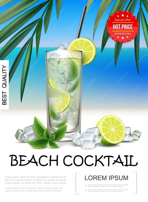 바다 풍경에 모히토 라임 조각 민트 잎 얼음 조각으로 현실적인 열대 해변 칵테일 포스터 무료 벡터
