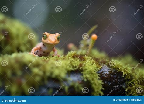 Salamander In A Humid Habitat Under A Rock With Moss Growth Stock
